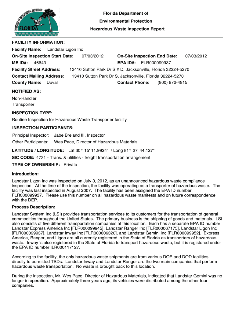 Fillable Online Hazardous Waste Inspection ChecklistsFlorida Department ...