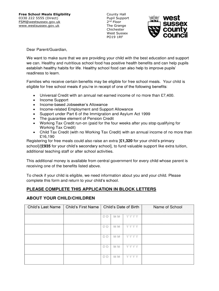 Fillable Online Free school meals application form - West Sussex County ...