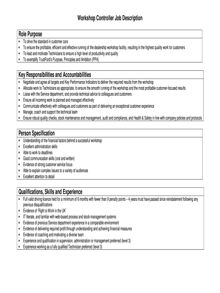 Fillable Online Workshop Controller Job Description Role Purpose Key fillable-online-workshop-controller-job-description-role-purpose-key