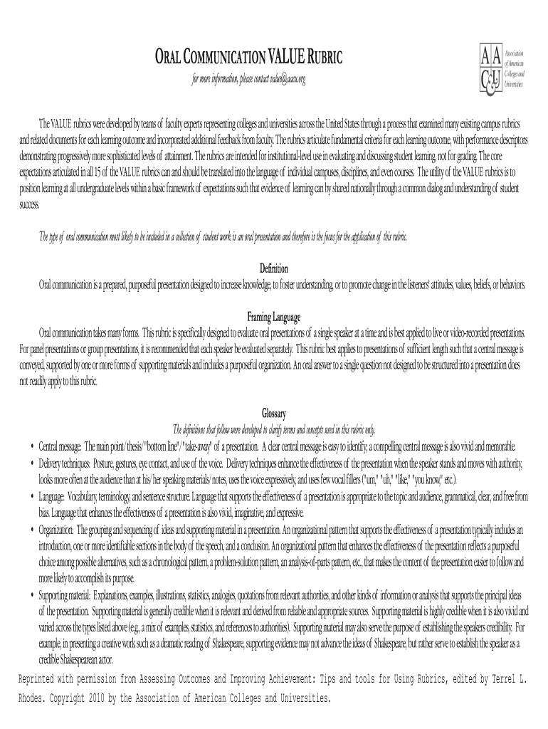 Fillable Online teaching utoronto Oral Communication VALUE Rubric. Oral ...