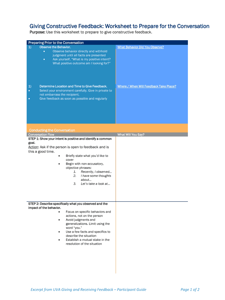 Fillable Online Giving Constructive Feedback: Worksheet to Prepare for ...