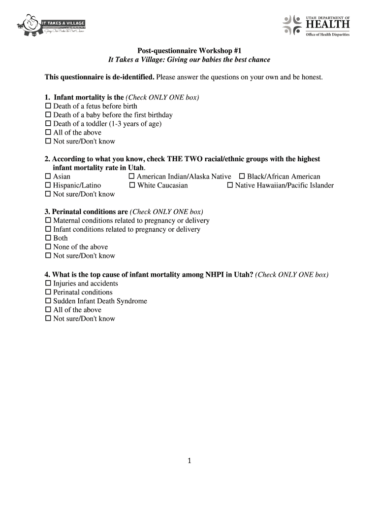 Fillable Online health utah 1 Post-questionnaire Workshop #1 It Takes a ...