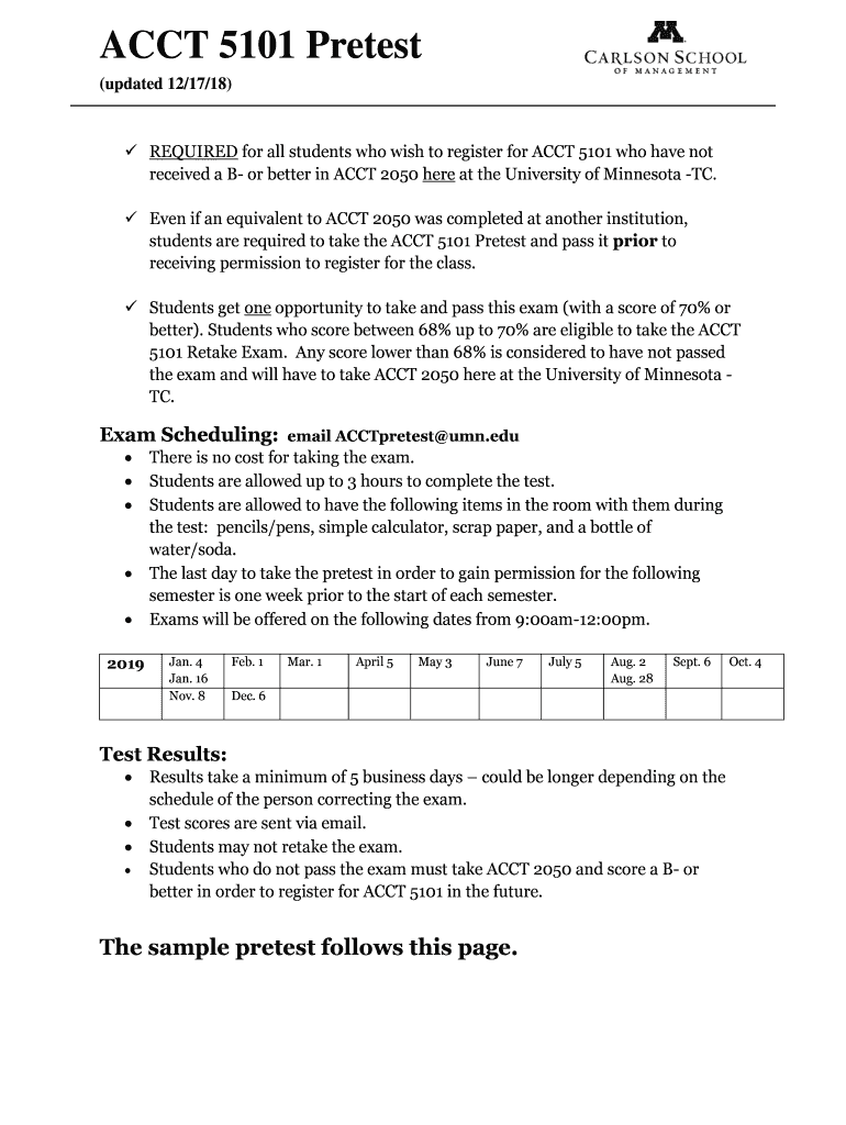 Fillable Online carlsonschool umn ACCT 5101 Pretest(updated REQUIRED ...