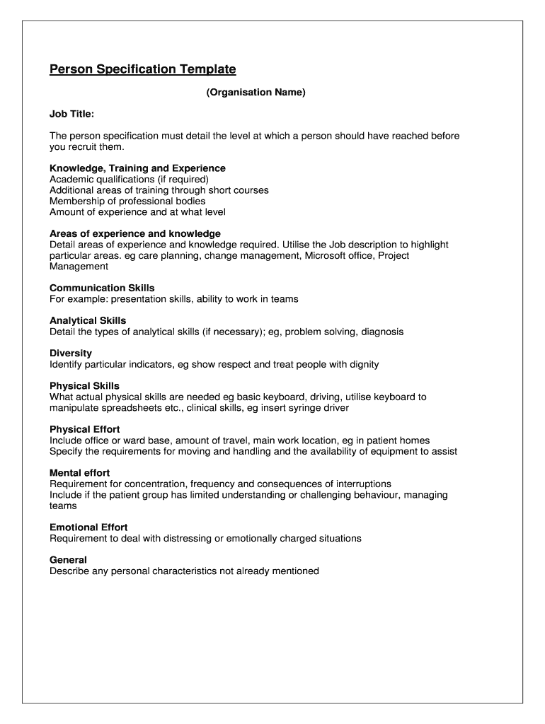 Fillable Online Job Description and Person Specification Guidelines Fax ...