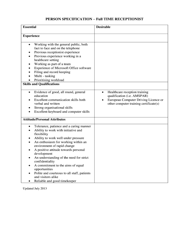 Fillable Online Sample Receptionist Job Description - Best Job