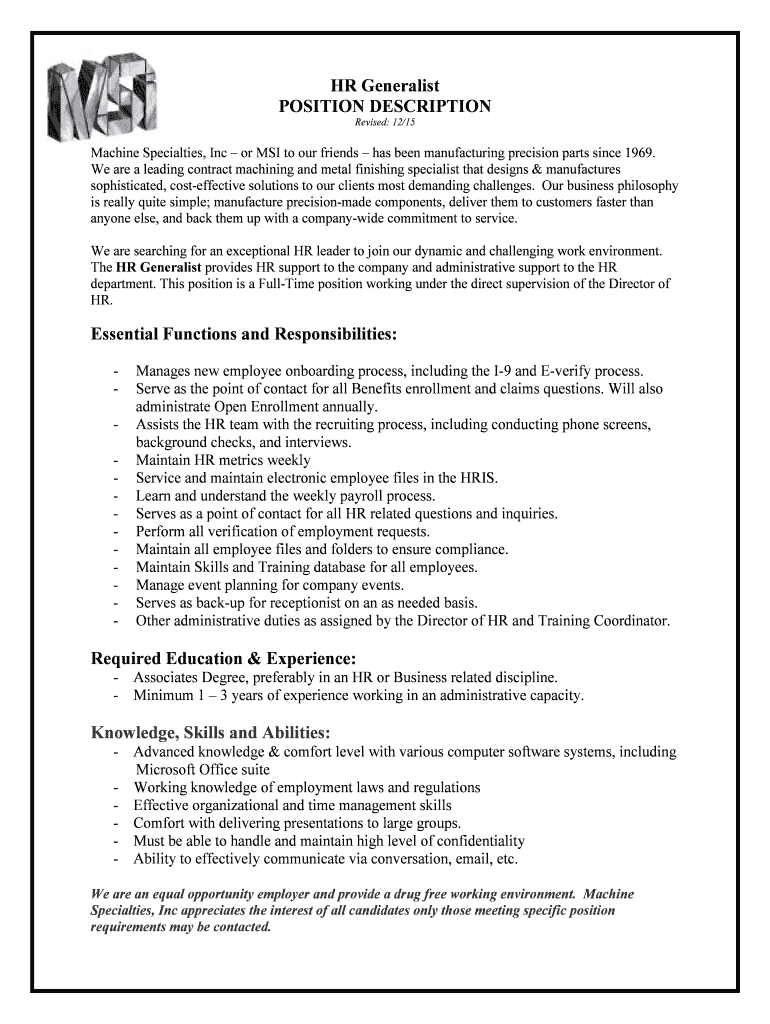 Job Description For Human Resources - Fill Online, Printable, Fillable ...