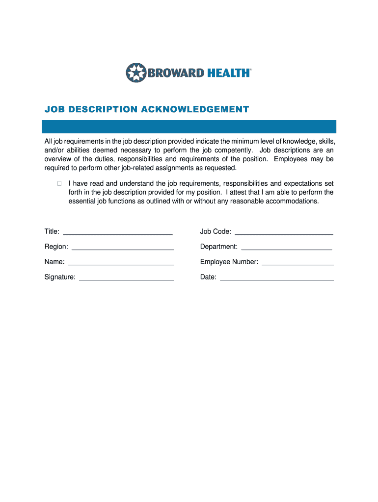 Fillable Online job description acknowledgement - Broward Health ...