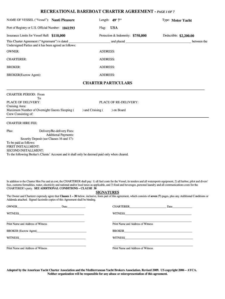 Fillable Online recreational bareboat charter agreement - Yacht Charter ...