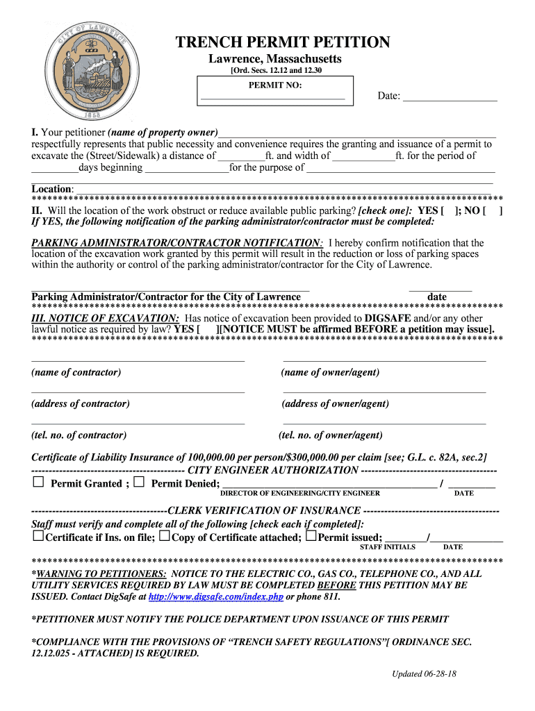 Fillable Online trench permit petition - Lawrence Police Department Fax ...
