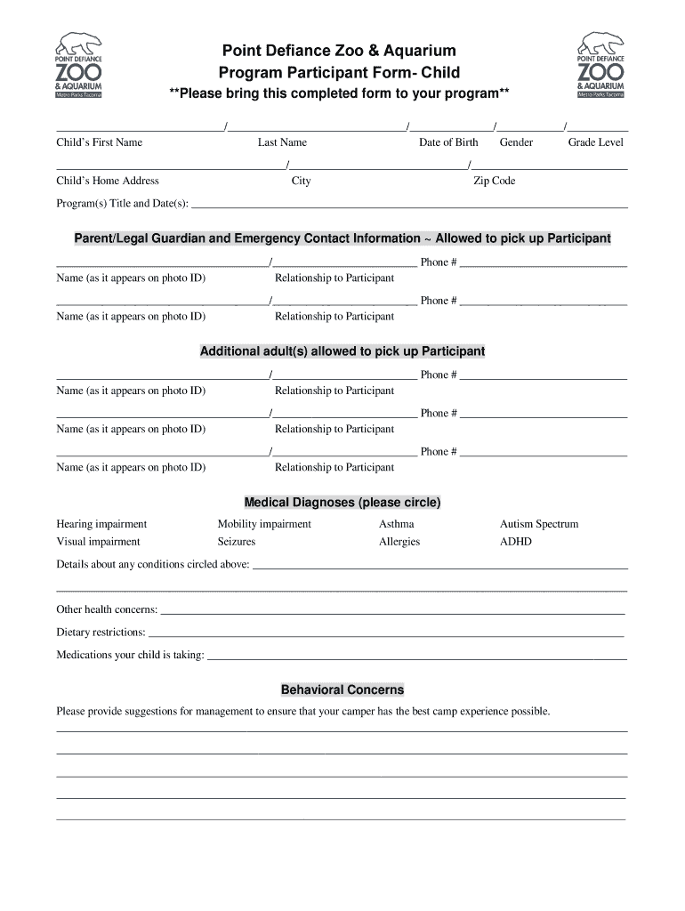 Fillable Online Point Defiance Zoo & Aquarium Program Participant Form ...