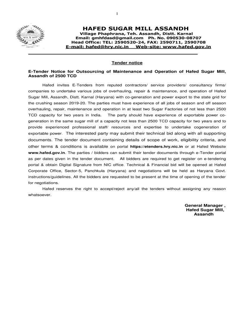 Fillable Online hafed gov SUGAR FEDDepartment Logo - RCS Haryana Fax ...