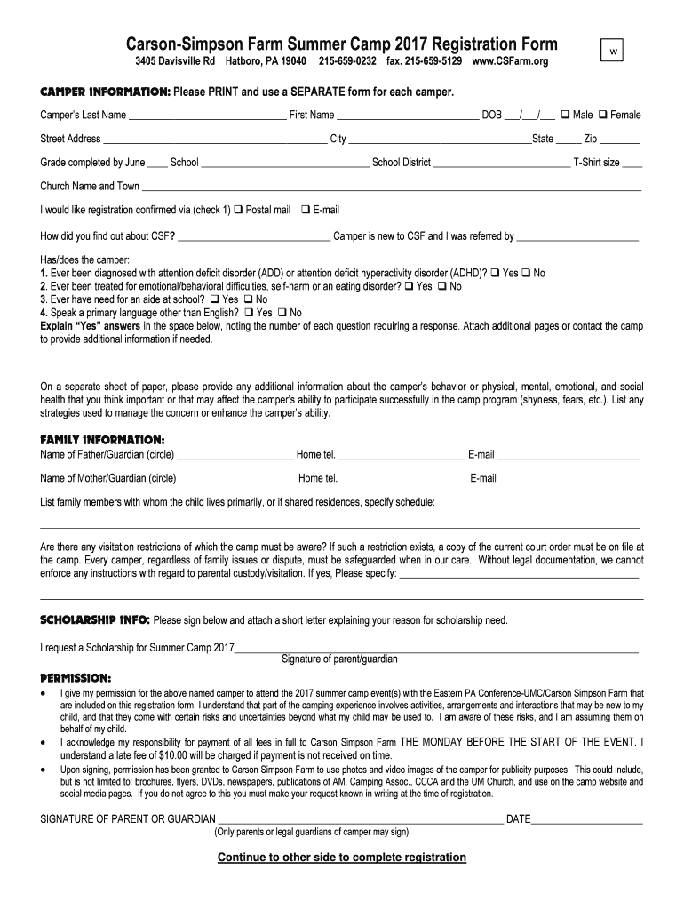 Fillable Online Carson-Simpson Farm Summer Camp 2017 Registration Form ...