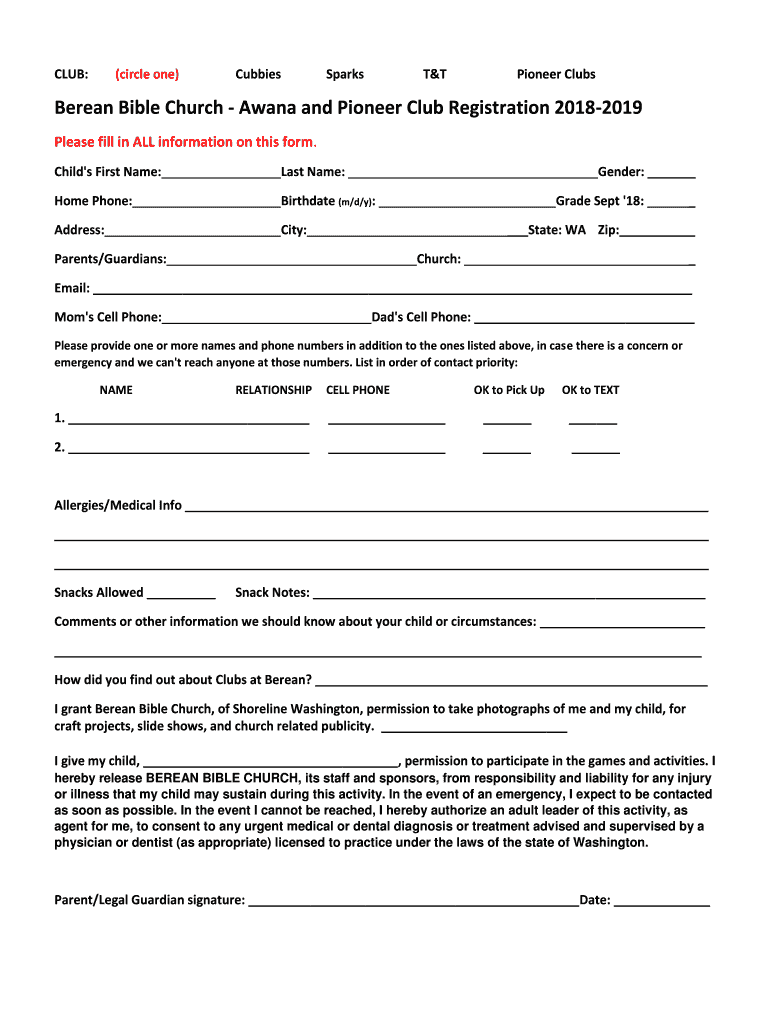 Fillable Online Awana and Pioneer Club Registration ... - Berean Bible ...