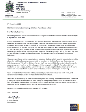 Fillable Online nts cumbria sch Sixth Form Open Evening Letter January ...