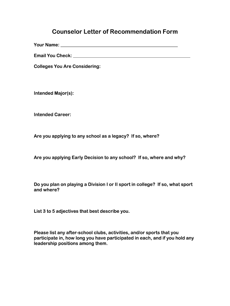 Fillable Online Counselor Letter of Recommendation Form Fax Email Print ...