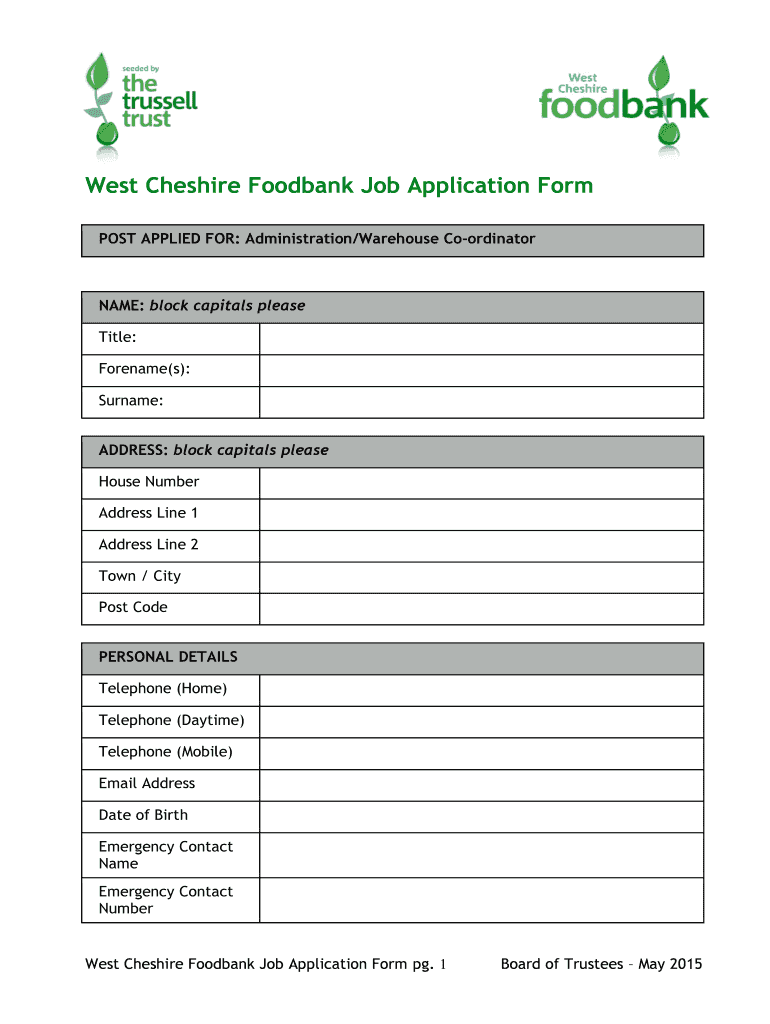 Fillable Online charityjob blob core windows West Cheshire Foodbank Job Application Form ...