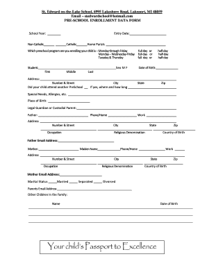Fillable Online PRE-SCHOOL ENROLLMENT DATA FORM Fax Email Print - pdfFiller