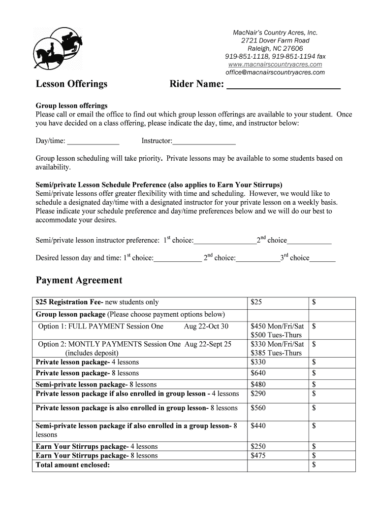 Fillable Online Lesson Registration Form 16-17 Fax Email Print - pdfFiller