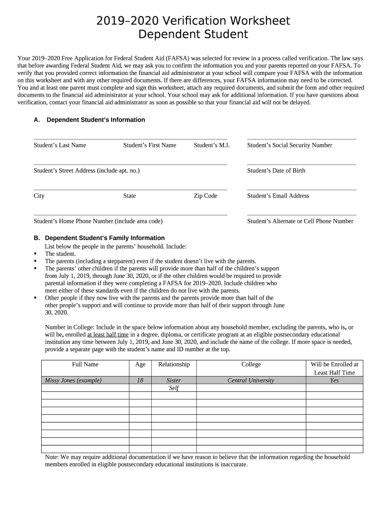 2019-2020 Dependent Verification Worksheet - MyCapitol - mycapitol captechu Doc Template | pdfFiller