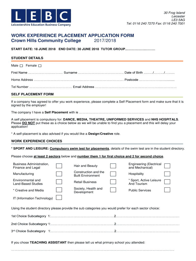 Fillable Online WORK EXPERIENCE PLACEMENT APPLICATION FORM Crown Fax ...