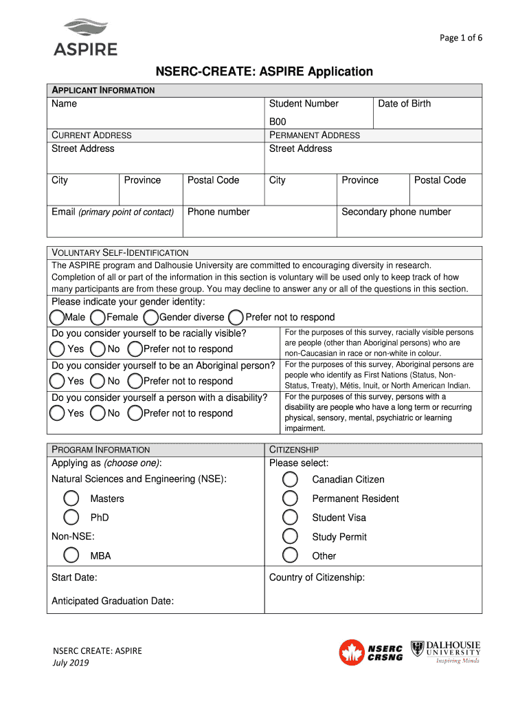Fillable Online NSERC-CREATE: ASPIRE Application Fax Email Print - pdfFiller