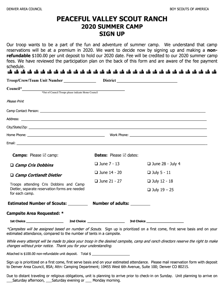 Fillable Online peaceful valley scout ranch 2020 summer camp sign up ...