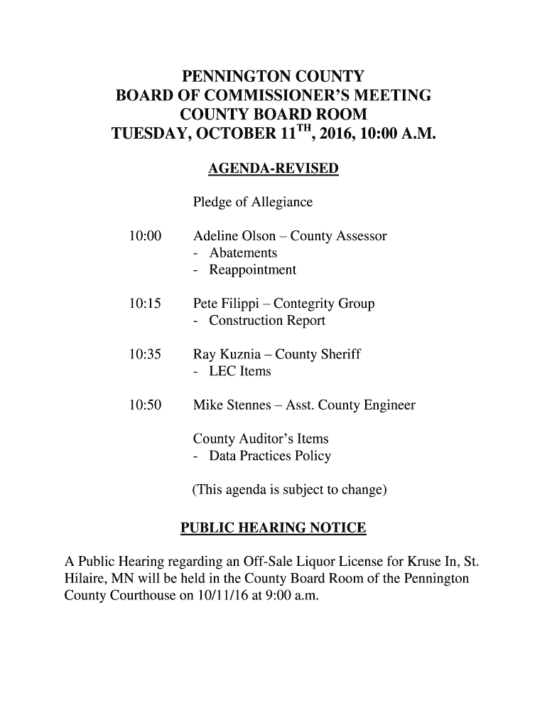 Fillable Online co pennington mn AGENDA-REVISED Fax Email Print - pdfFiller