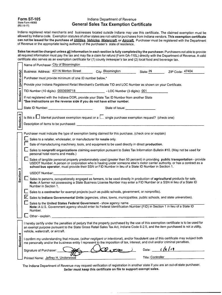 Fillable Online bloomington in Form ST-105 General Sales Tax Exemption ...
