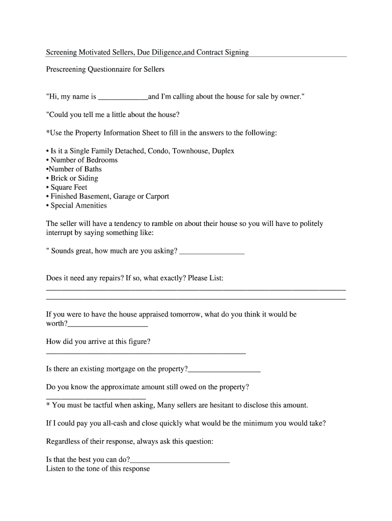 Fillable Online What Do You Say When A Seller Calls? How to Ask the ...