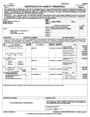 Fillable Online CERTIFICATE OF LIABILITY INSURANCE - Caffrey Tree ...