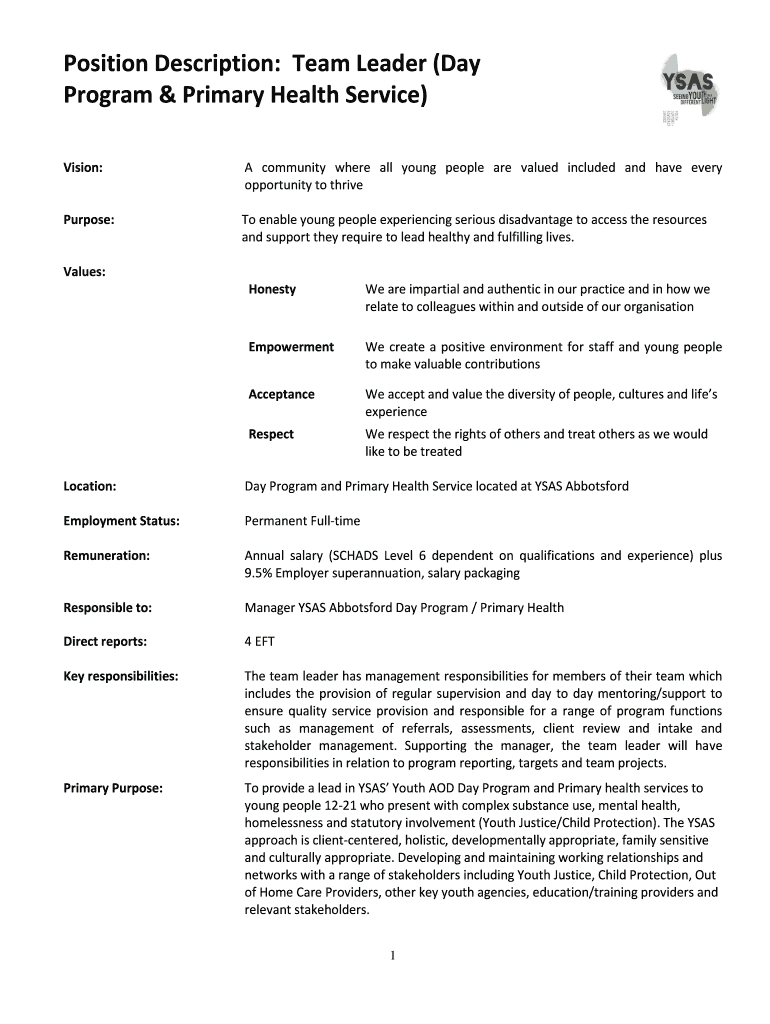 Fillable Online Fillable Online Position Description: Team Leader (Day ...
