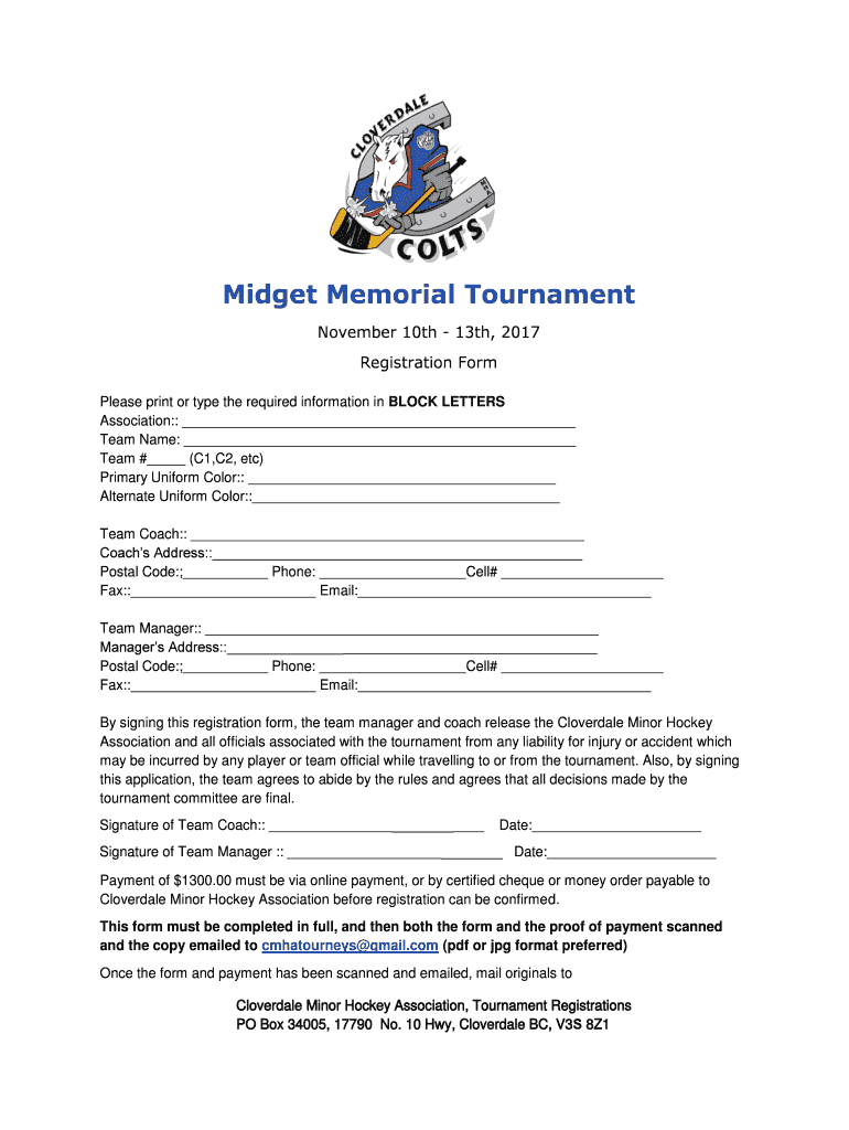 Fillable Online Midget Memorial Tournament - Cloverdale Minor Hockey ...