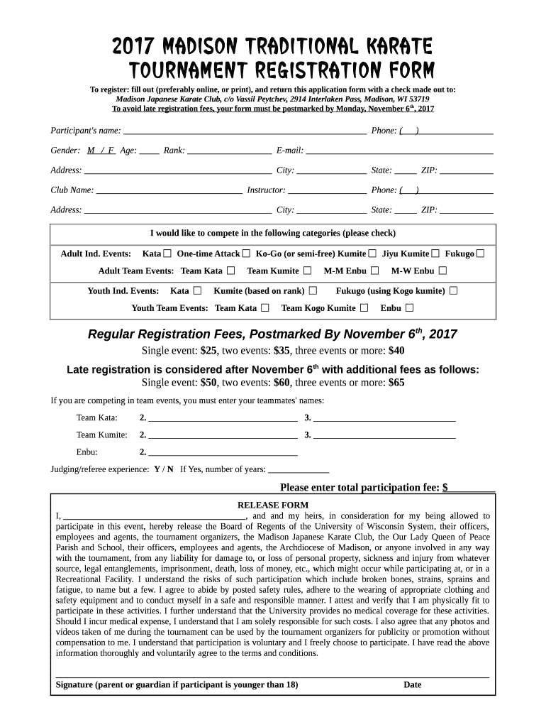 Fillable Online 2017 Madison Traditional Karate Tournament Registration ...