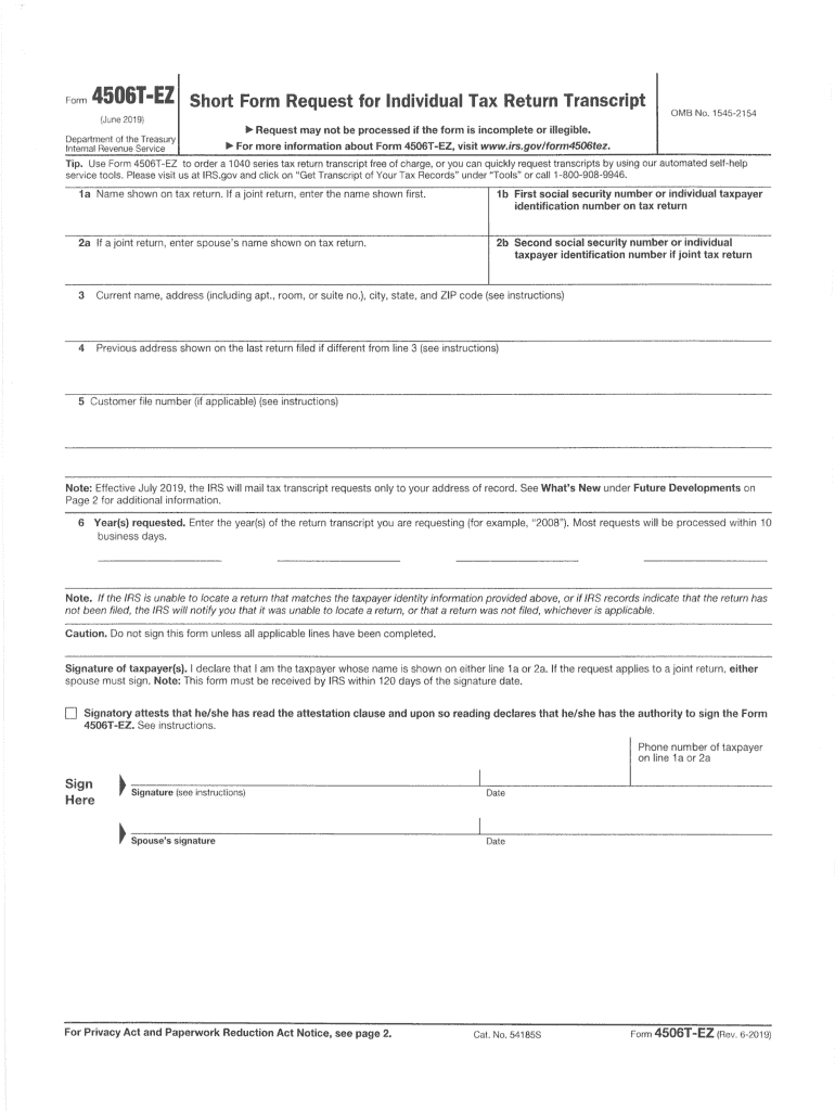 Fillable Online Form 4506T-EZ Short Form Request for Individual Tax ...