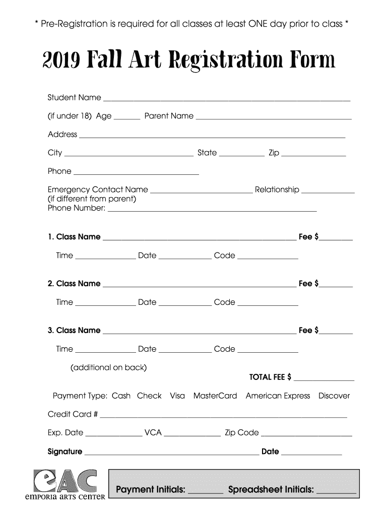 Fillable Online 2019 Fall Art Registration Form - Emporia Arts Center ...