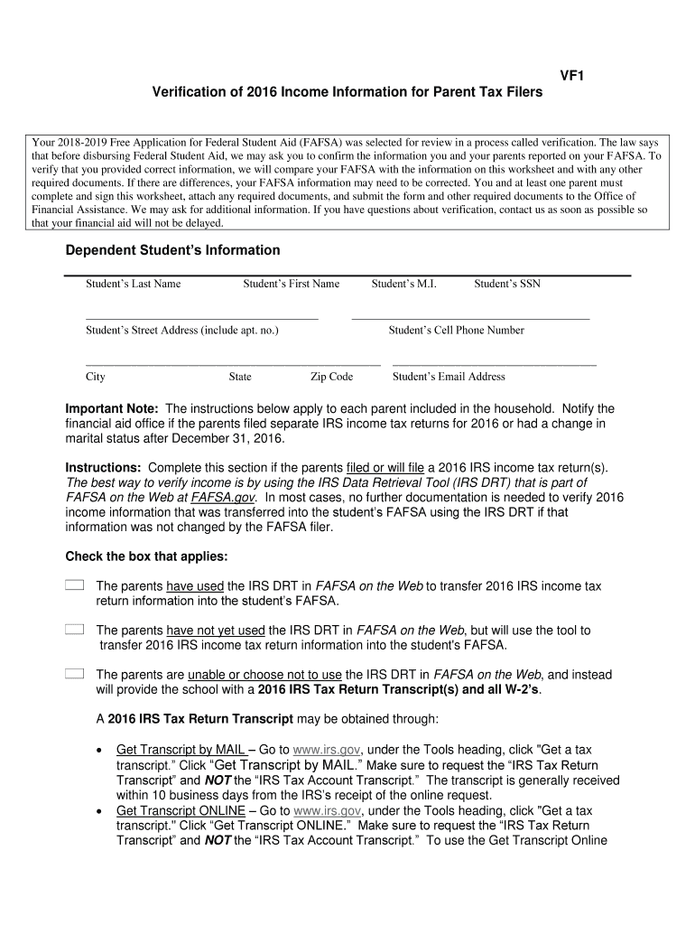 Fillable Online 2018-2019 Verification Worksheet Parent Tax Filers/Non ...