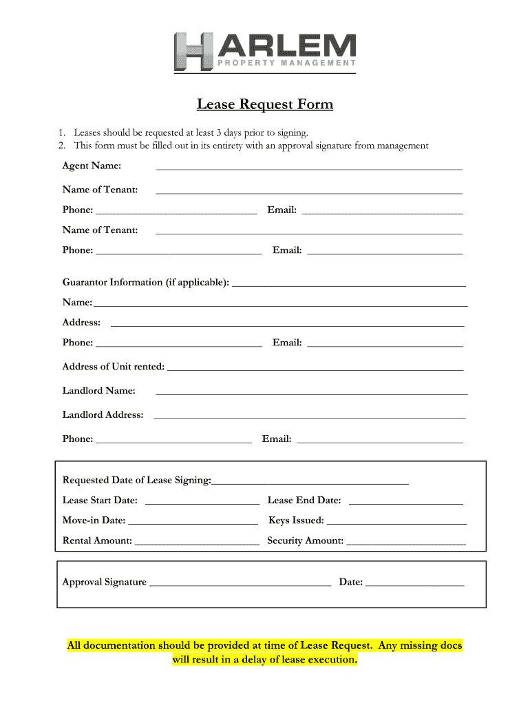 Fillable Online Lease Request Form - Harlem Property Management Fax Email Print - pdfFiller