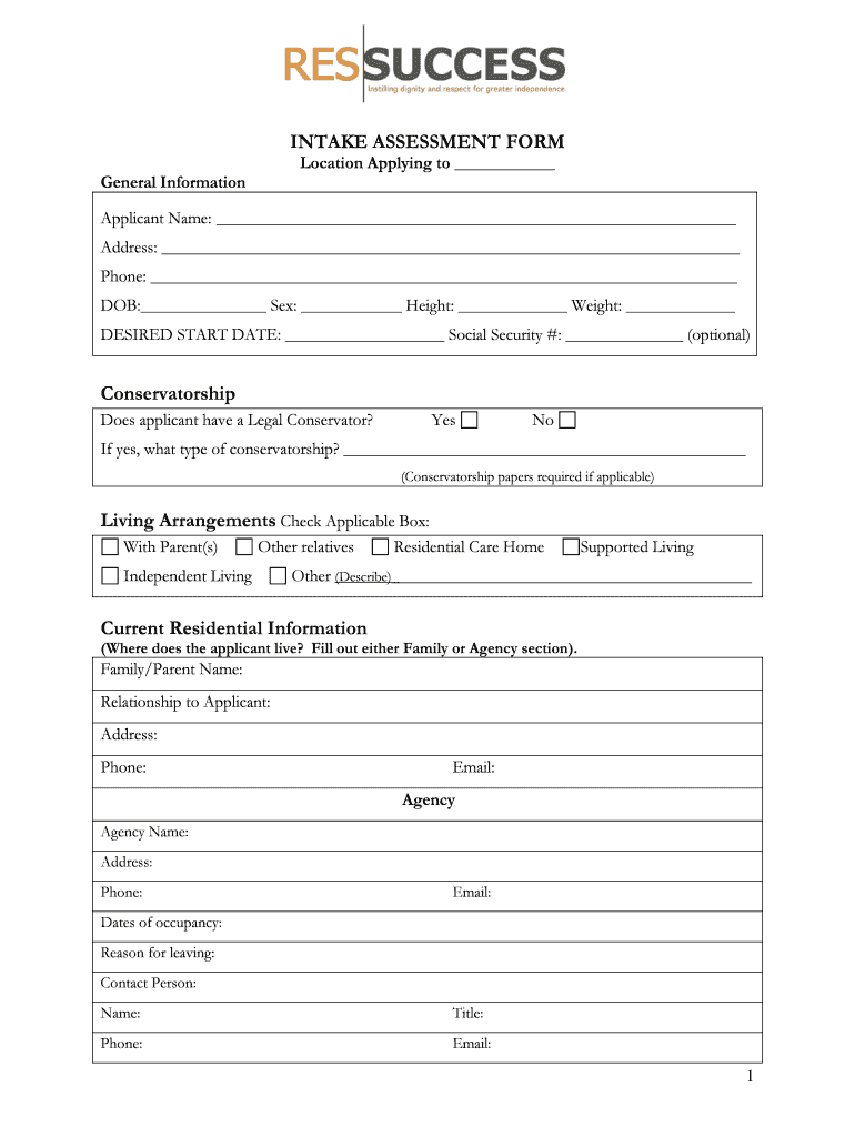 Fillable Online INTAKE ASSESSMENT FORM Location Applying to Fax Email ...