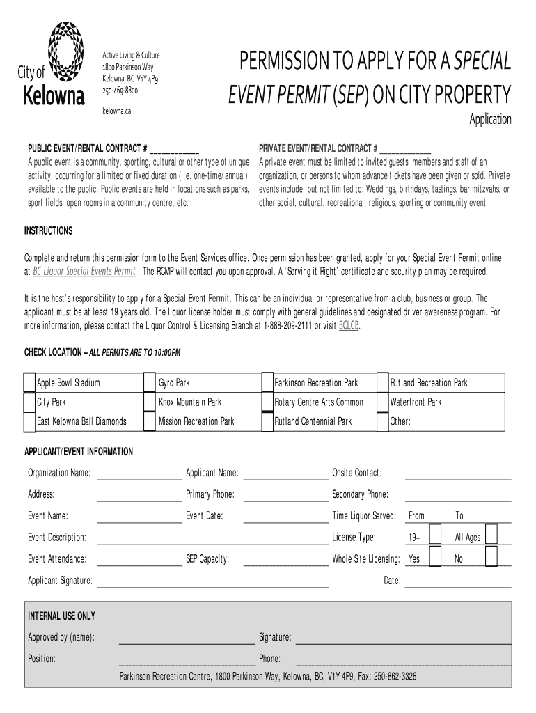 Fillable Online permission to apply for a special event permit - City of Kelowna Fax Email Print ...