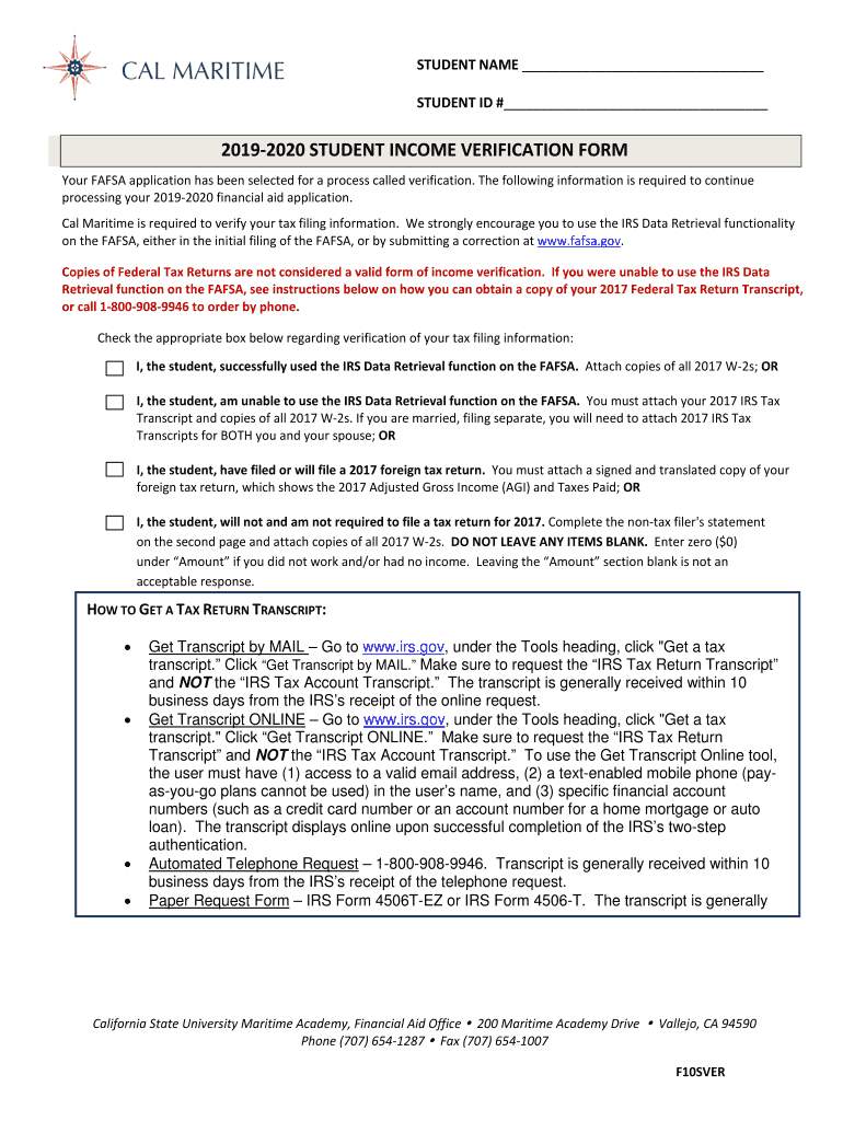 Fillable Online 2019-2020 student income verification form - Cal ...