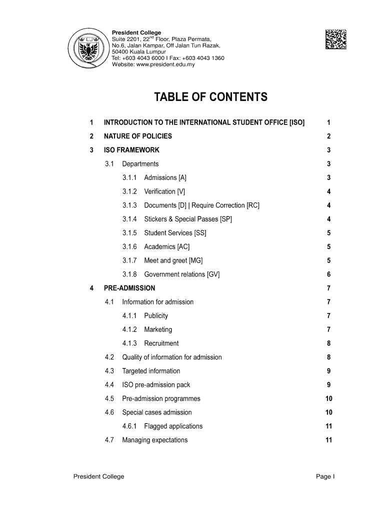 Fillable Online table of contents - President College Kuala Lumpur Fax ...