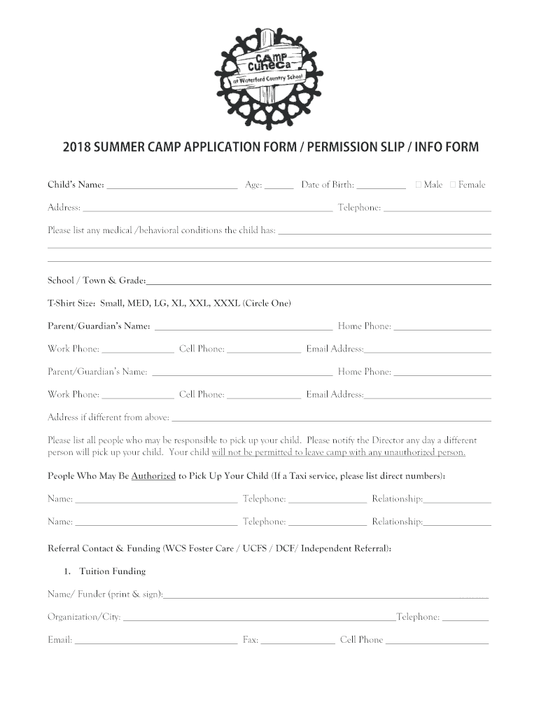 Fillable Online 2018 SUMMER CAMP APPLICATION FORM / PERMISSION SLIP / INFO FORM Fax Email Print ...