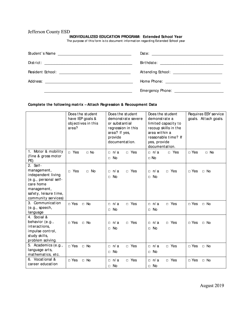 Fillable Online jcesd k12 or Beginning Year Forms for Parents and ...