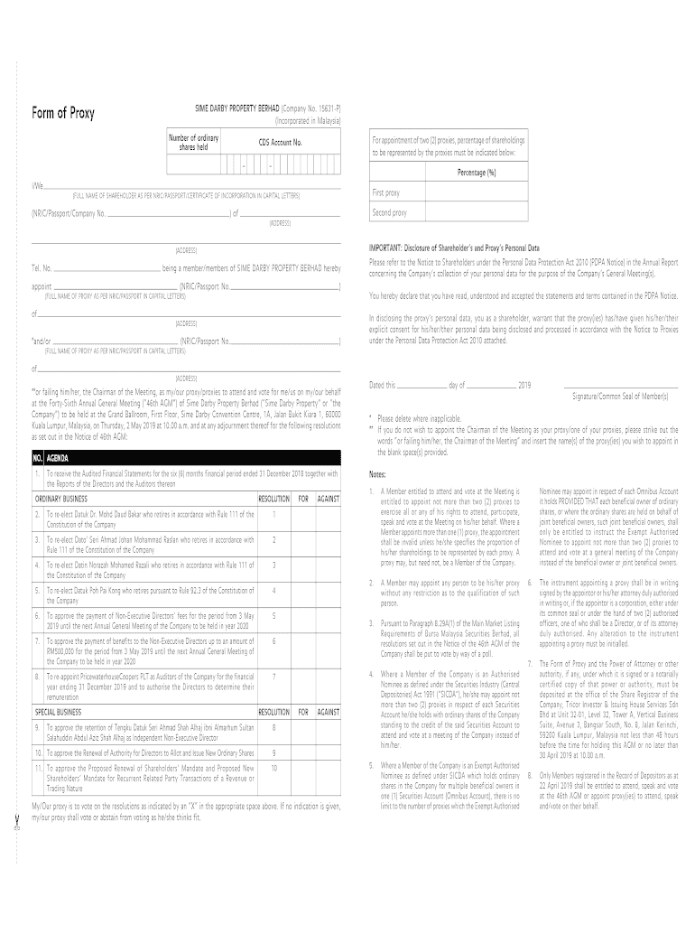 Fillable Online Form of Proxy - Sime Darby Property Fax Email Print ...