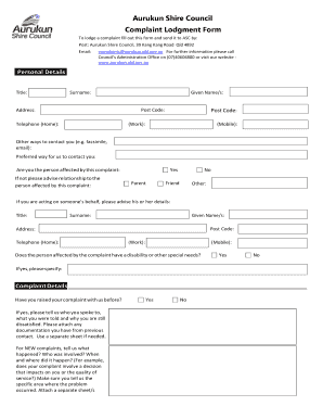 Fillable Online complaint Lodgement Form - Aurukun Shire Council Fax ...