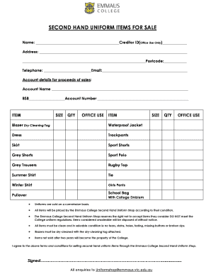 Fillable Online second hand uniform items for sale - Emmaus College Fax ...