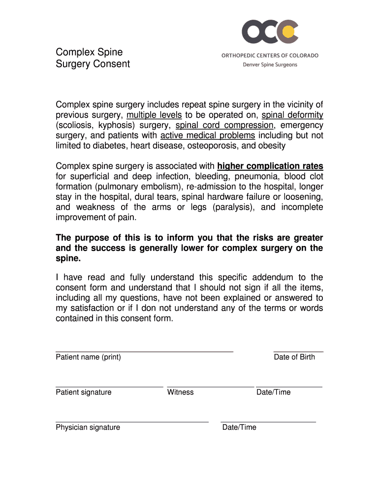 Fillable Online Complex Spine Surgery Consent - Denver Spine Surgeons ...