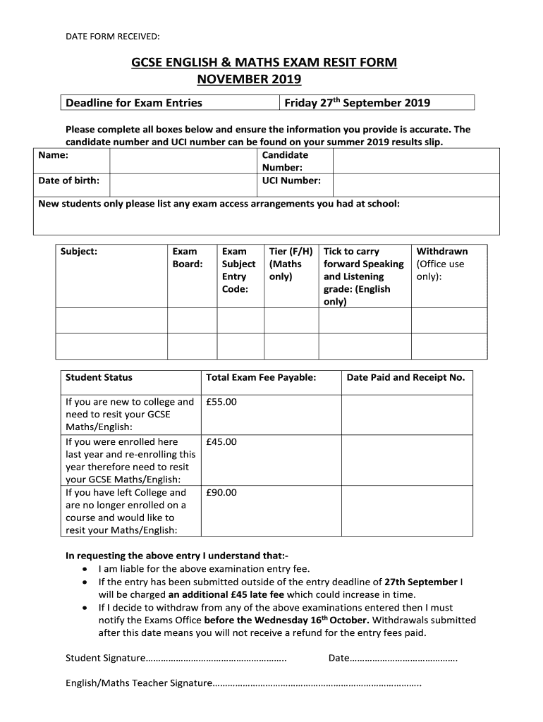 Fillable Online gcse english & maths exam resit form november 2019 Fax ...