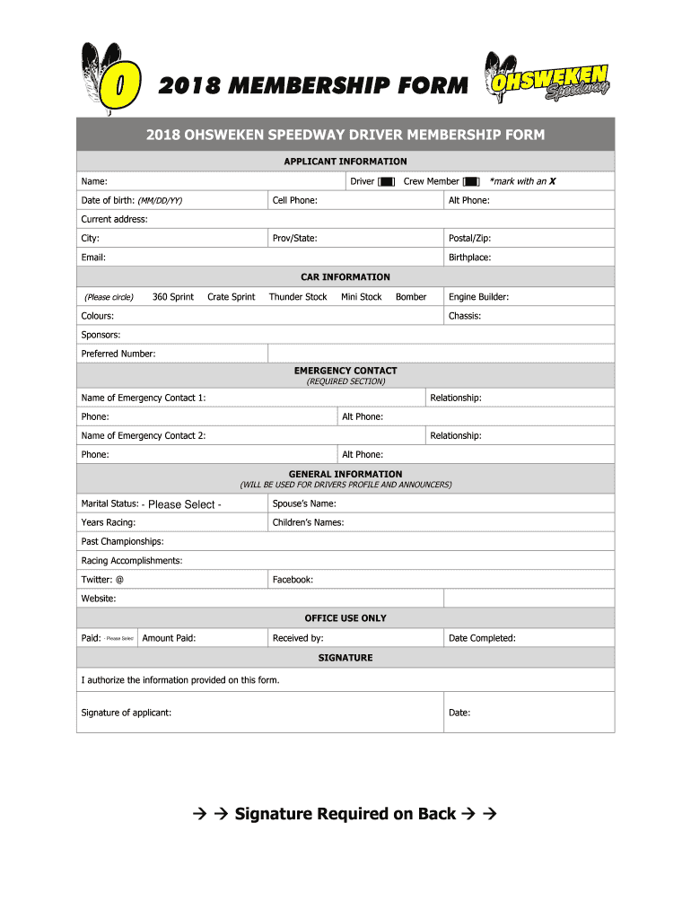 Fillable Online 2018 Ohsweken Speedway Driver Membership Form Fax Email ...