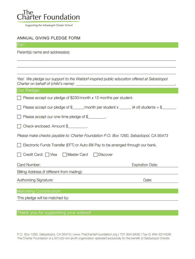Fillable Online ANNUAL GIVING PLEDGE FORM For: Parent(s) name and ...